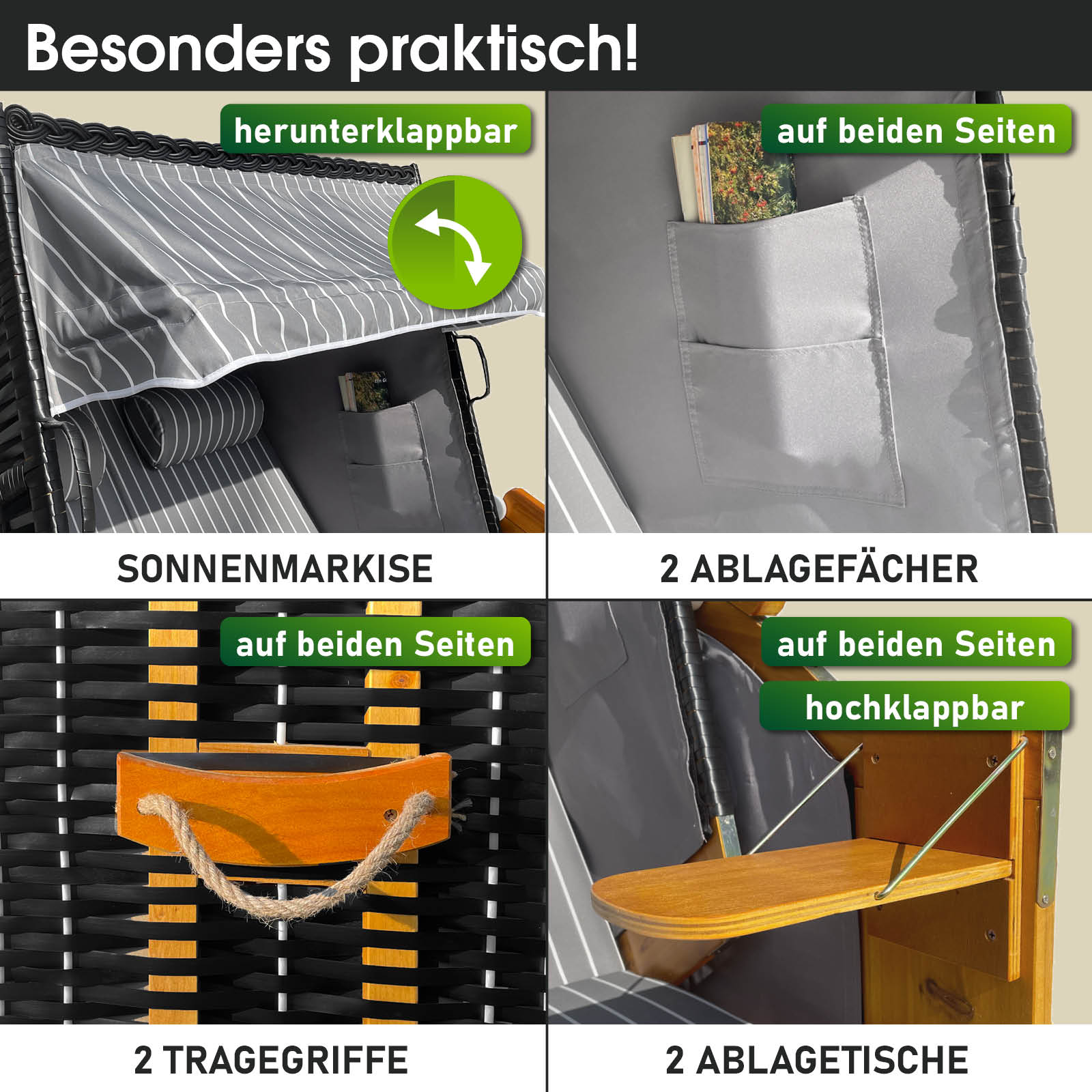 Strandkorb RÜGEN DELUXE anthrazit/grau gestreift | brast24.de