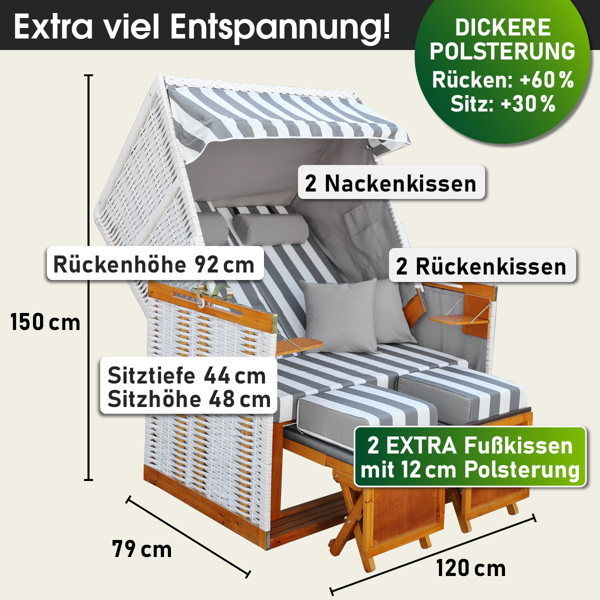 Strandkorb NORDERNEY DELUXE grau/weiß gestreift | brast24.de