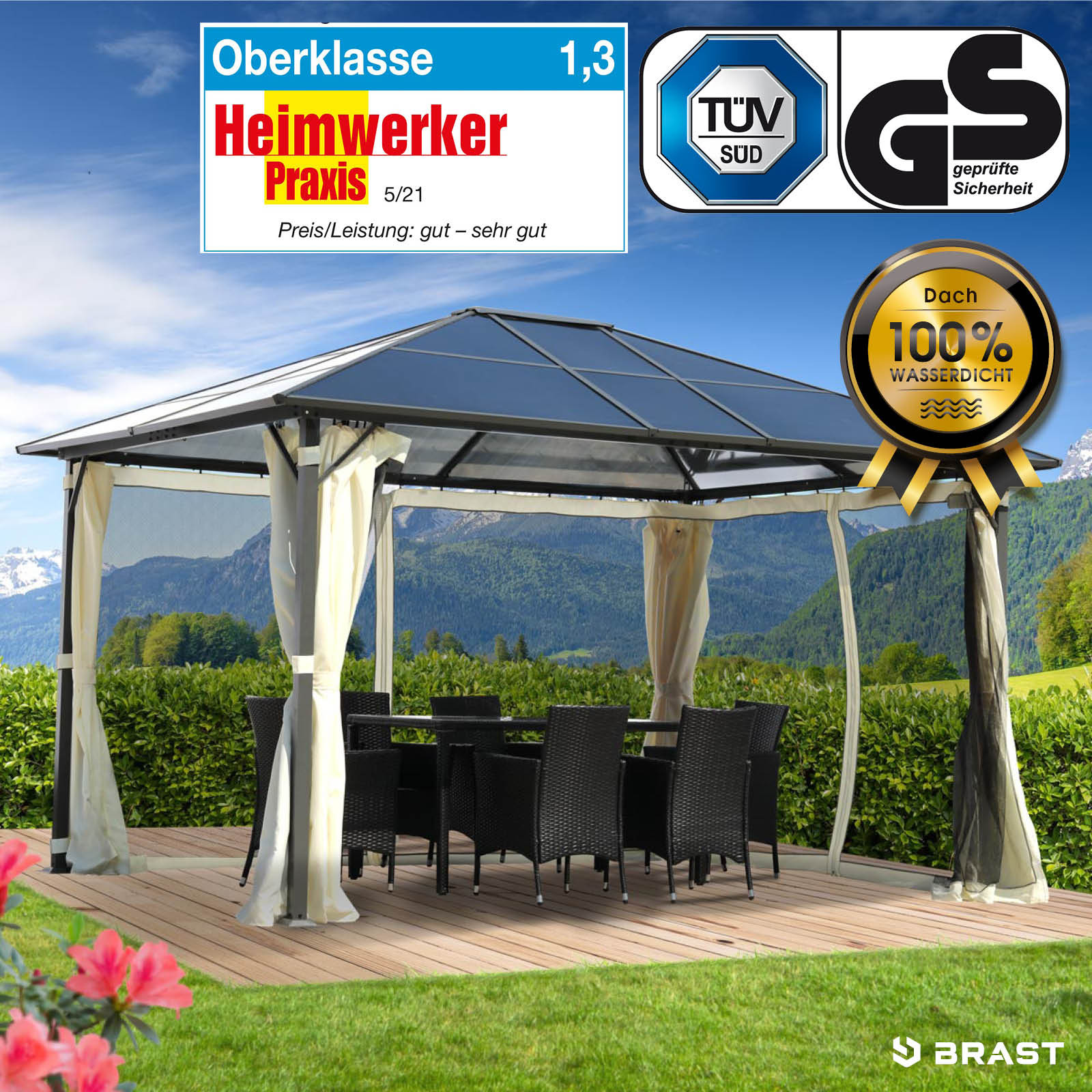 Alu Pavillon PREMIUM mit festem Dach 3x4m beige