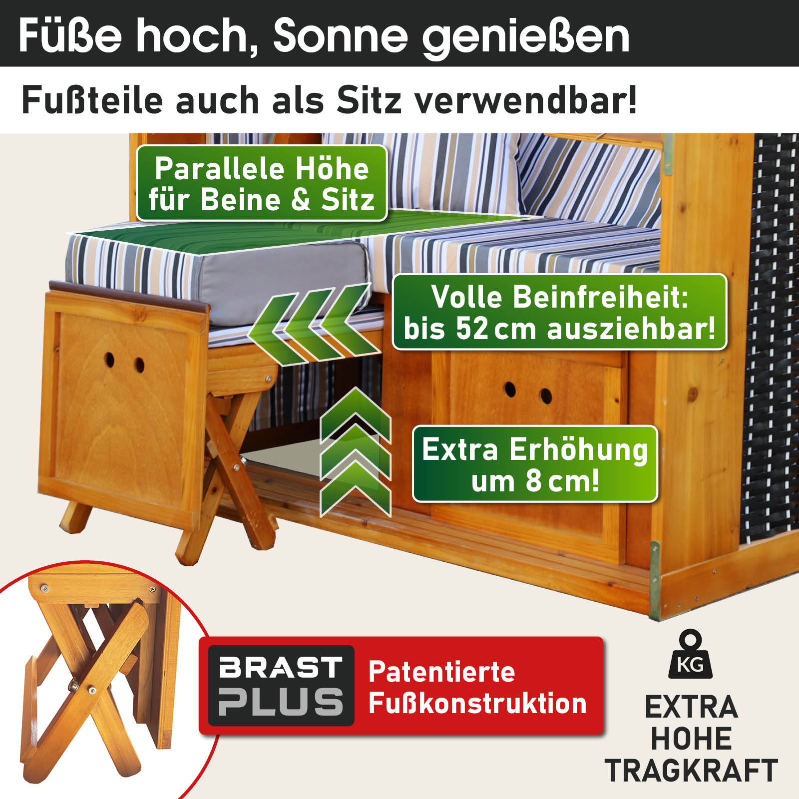 Strandkorb RÜGEN DELUXE grau/blau/olive gestreift | brast24.de