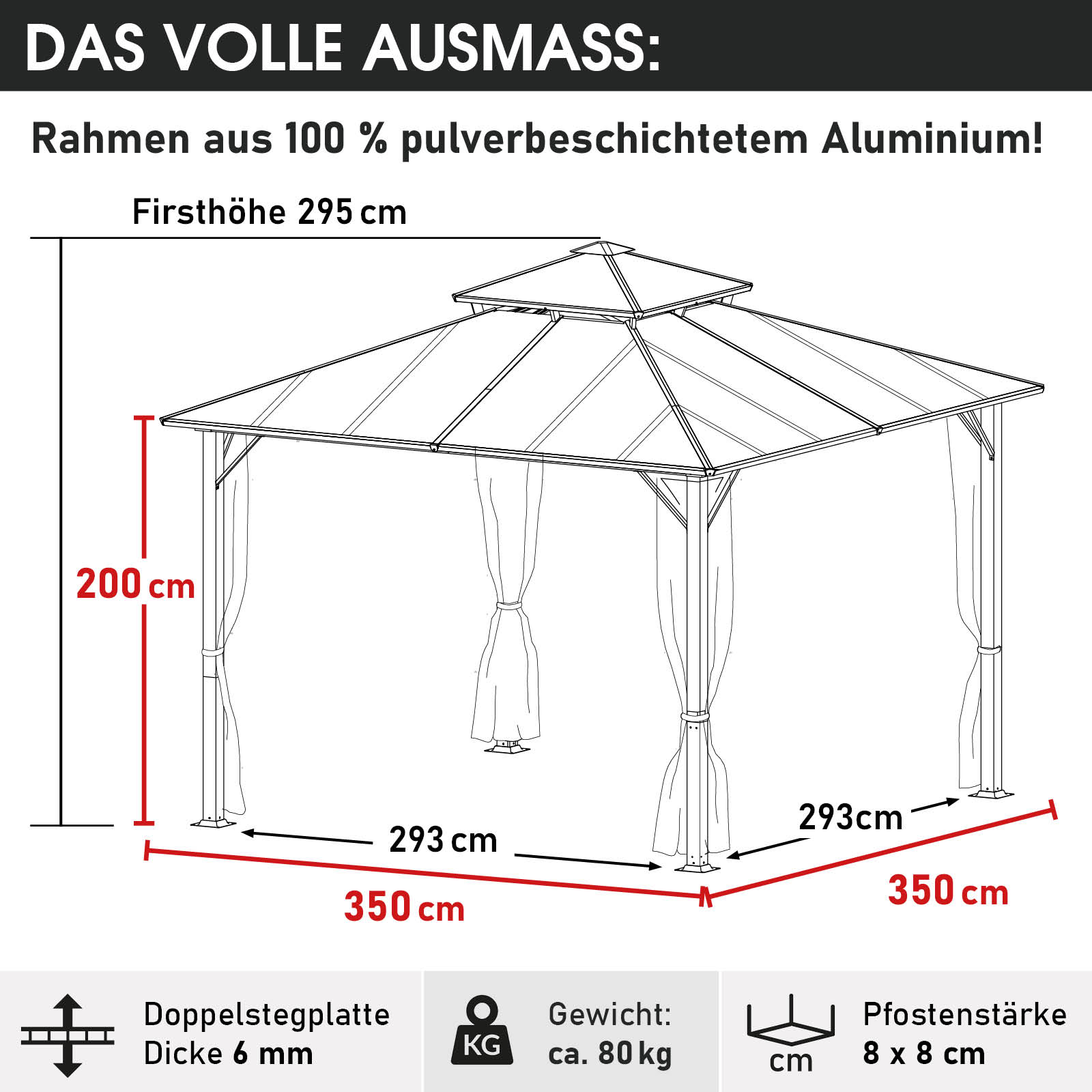 Alu Pavillon PAGODE 3,5x3,5m dunkelgrau mit Moskitonetz und LED ...