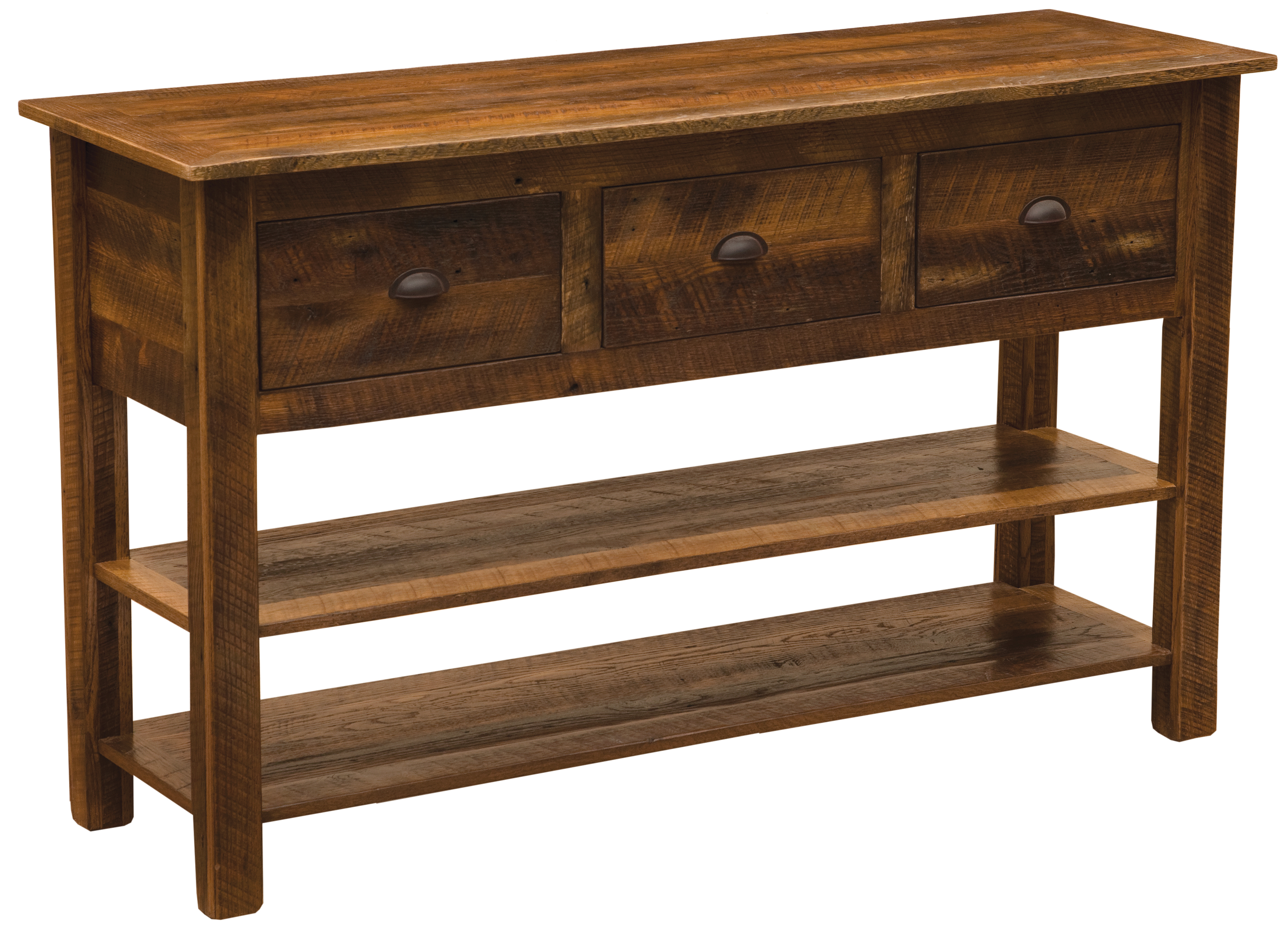 Barnwood Three Drawer Console Table with Two Shelves - Gil's Furniture ...