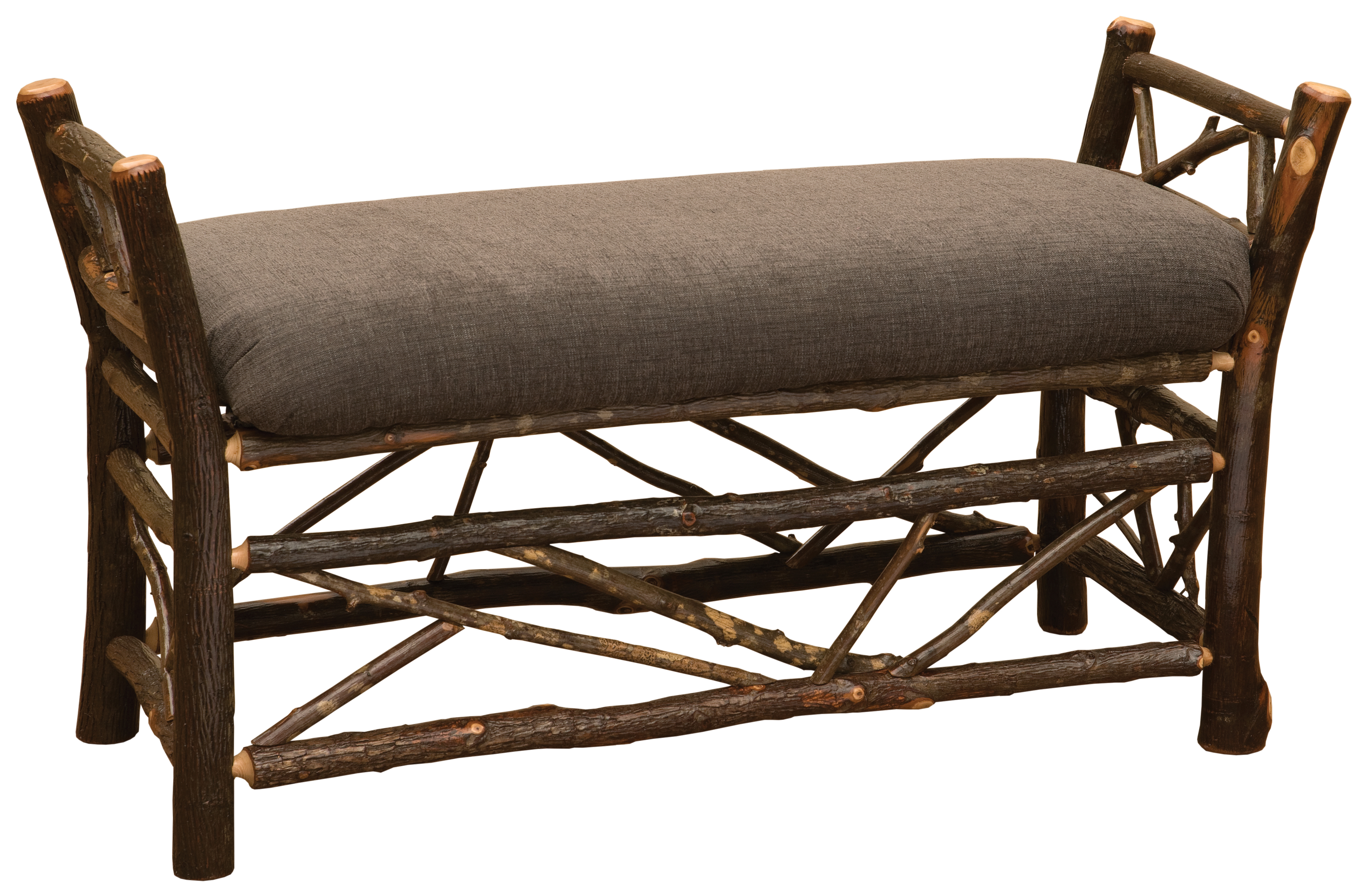 Hickory Log Bedside Bench with Twig Accent - Upholstered Seat ...
